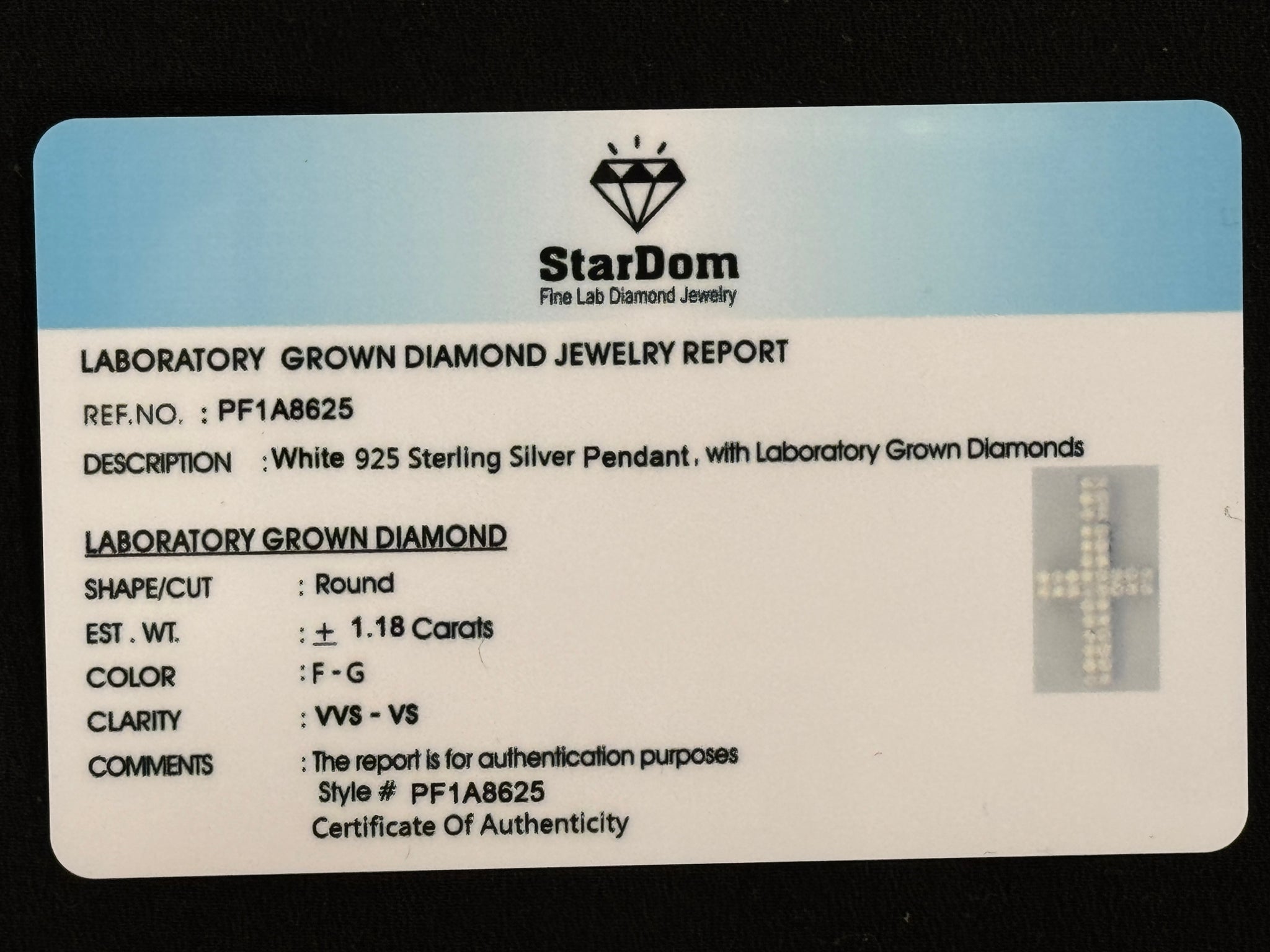 1.18 CARAT CERTIFIED LAB GROWN DIAMONDS STERLING SILVER 1.10 INCHES CR ...